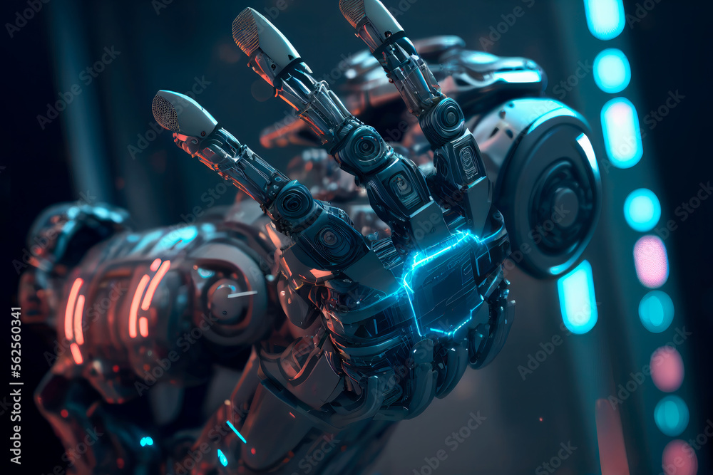 Futuristic robot hand. Cyborg robotic hand or arm in blue background ...