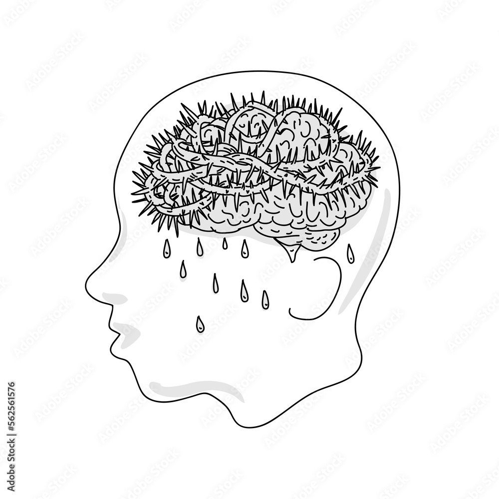 Line art drawing illustration of man with depression showing brain ...