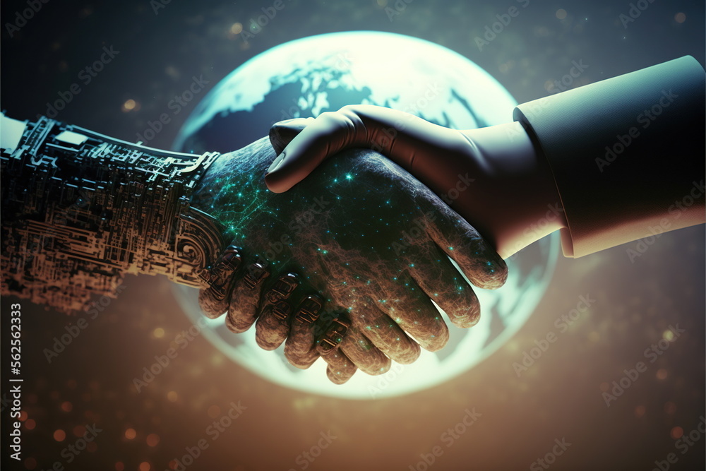 Businessman Shake hand, earth and computer background, Made by AI ...