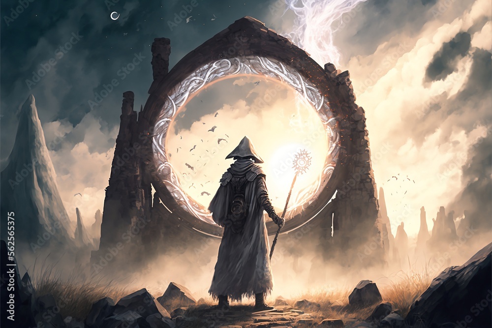 Character in a wizard costume, casting a spell in front of an ancient ...