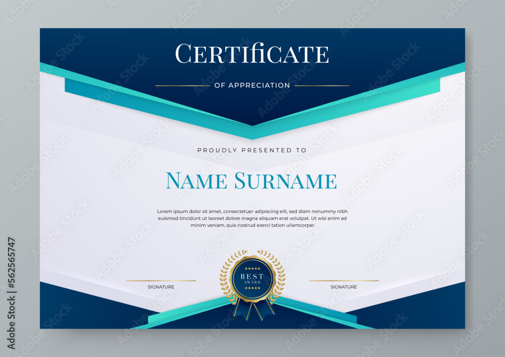 Modern blue certificate of achievement template with gold badge and border in A4 landscape ...