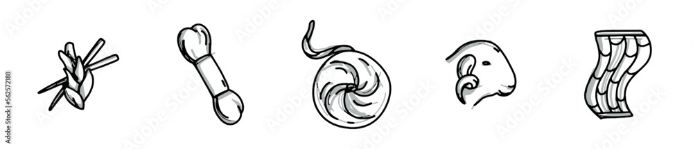 Merino wool modern hand drawn icon set, knitting tools concept, sheep ...