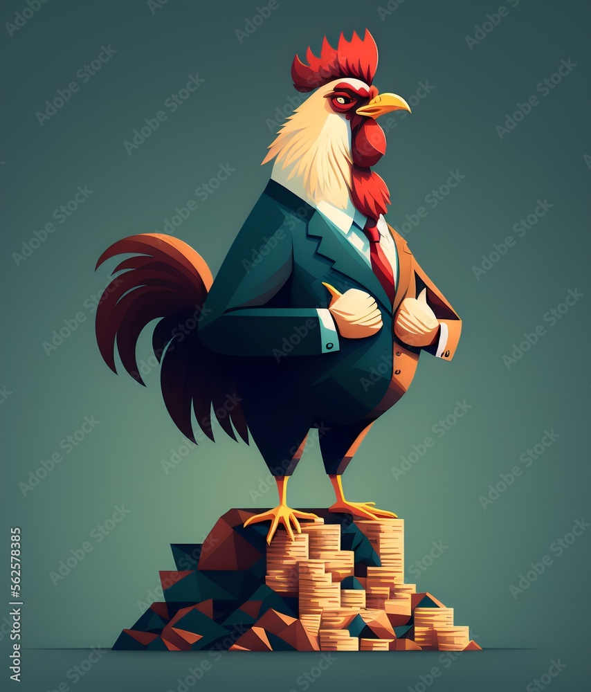 rooster in a suit standing confidently on top of a pile of money ...