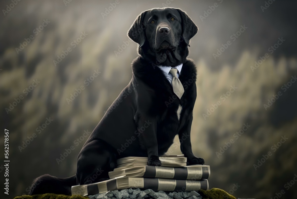 Labrador Retriever wearing a classic black suit and tie, sitting on top ...