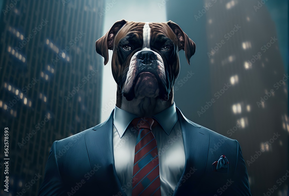Boxer wearing a sharp blue suit and tie, standing in front of a ...