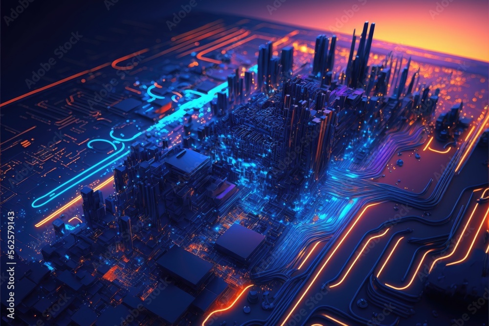 Sunset over flat surface made of electronic digital elements ...