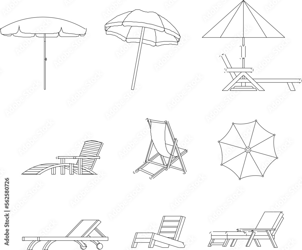 sketch vector illustration of types of beach chairs for sunbathing ...