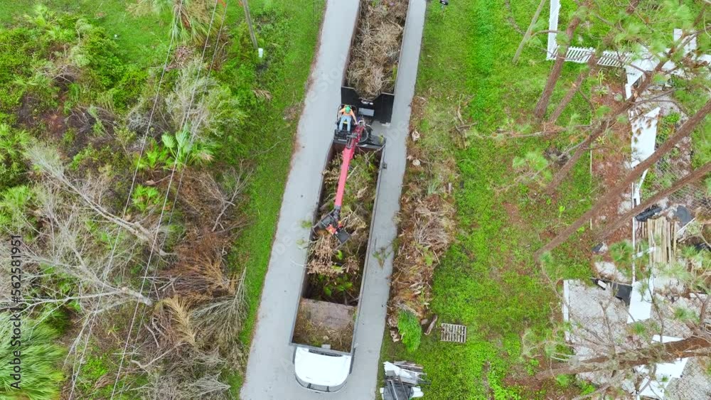Special aftermath recovery dump truck picking up vegetation debris from ...