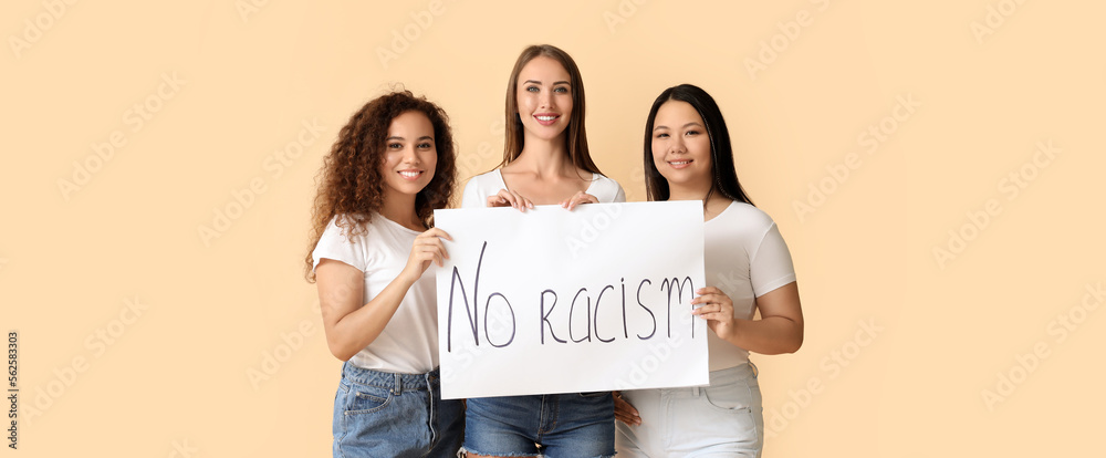 Women of different nationalities with placard on beige background. Stop ...