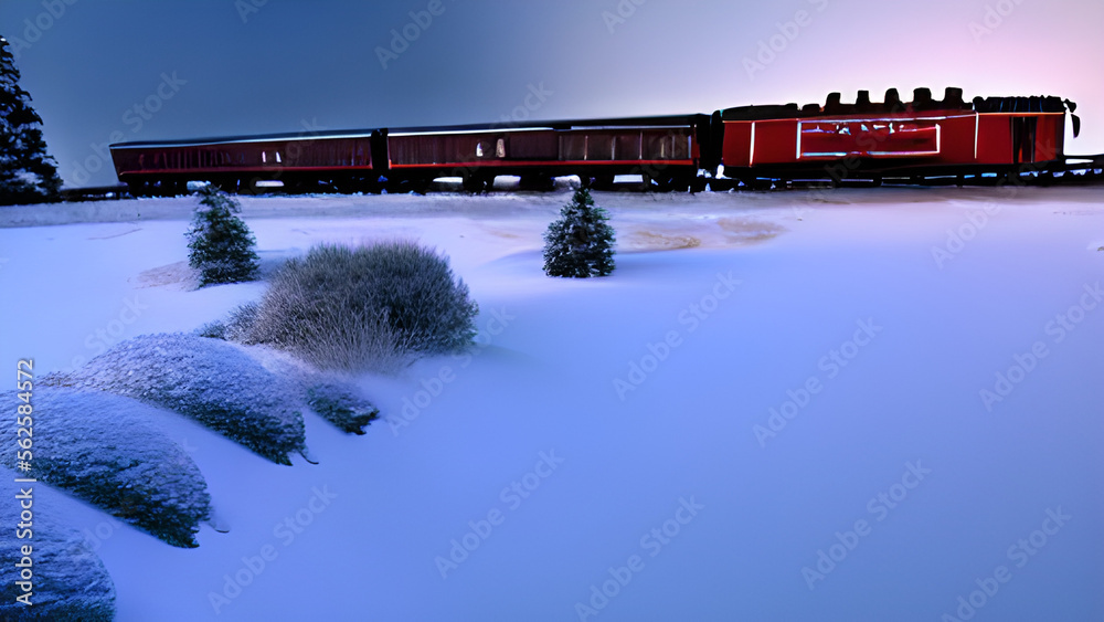locomotive steam train driving through the snow, the polar express ...