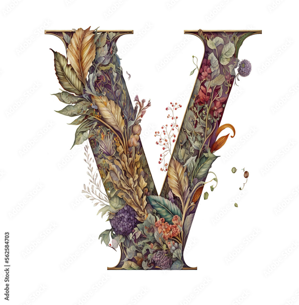 letter V monogram watercolor floral wildflowers weddings isolated ...