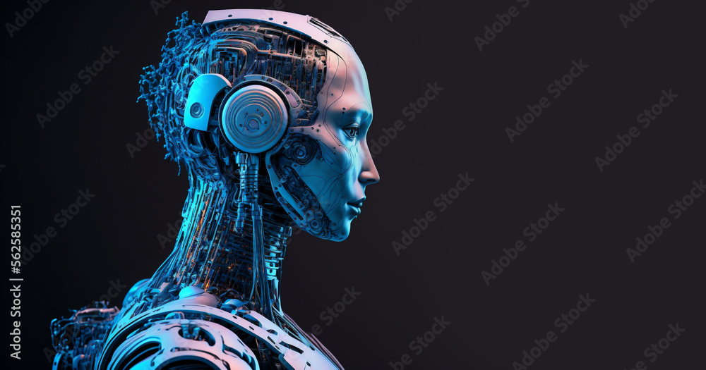 Artificial intelligence, humanoid cyber woman blue smart background ...