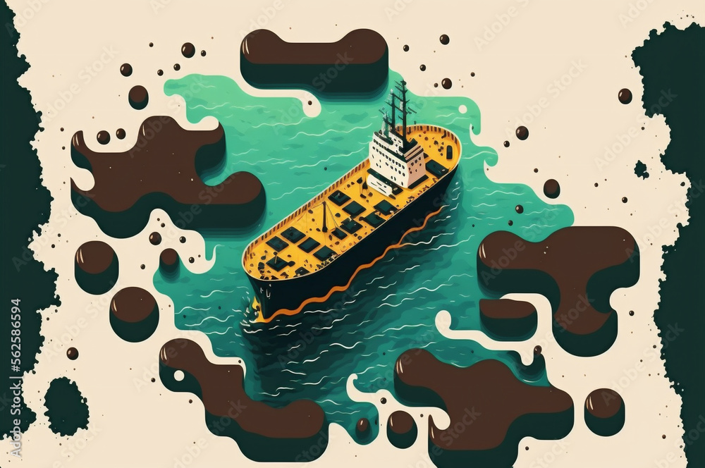 Oil leak from tanker ship in sea. Fuel spill pollution water as result ...