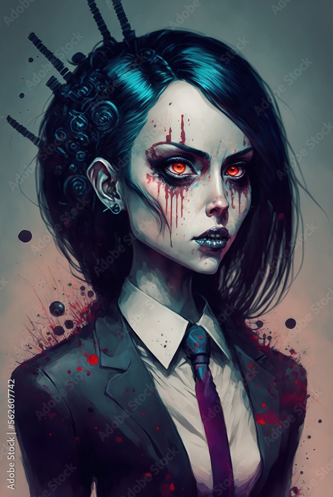 Fierce young corporate office work girl zombie with cybernetic implants ...