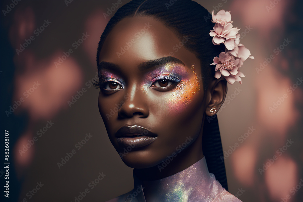 Artistic portrait of a beautiful black model surrounded by flowers ...