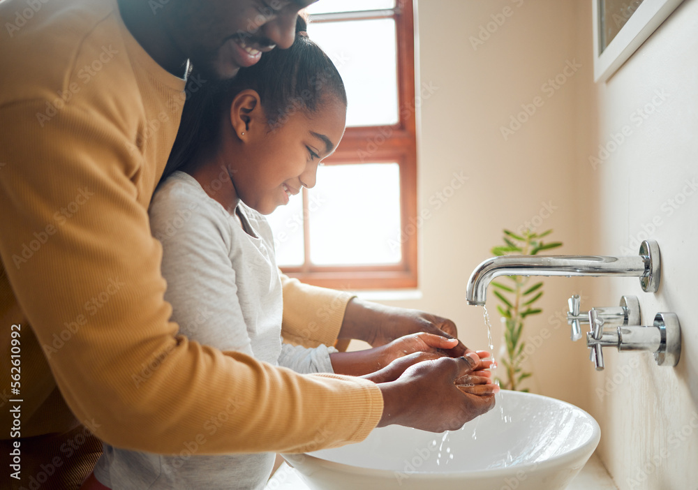 Man with girl, washing hands for hygiene in bathroom and disinfection, cleaning and self care ...