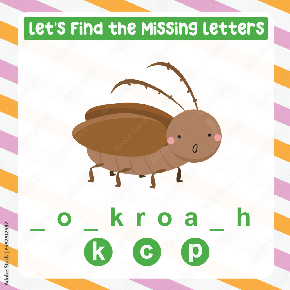 Find the missing letter cute cockroach worksheet for kids learning ...