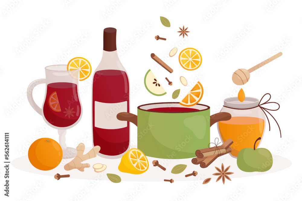 Preparation of mulled wine. All ingredients for mulled wine. Flat ...