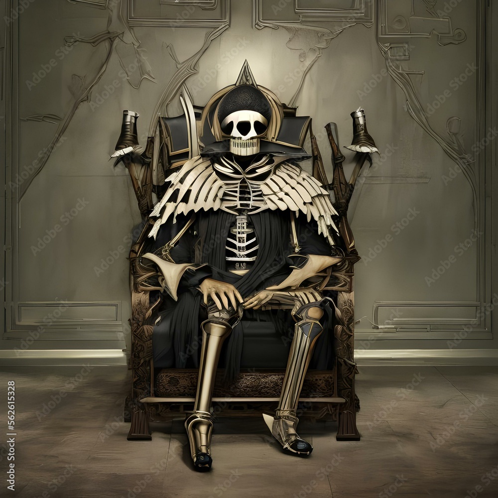 skeleton dressed in armor sitting on a throne, a bronze sculpture ...