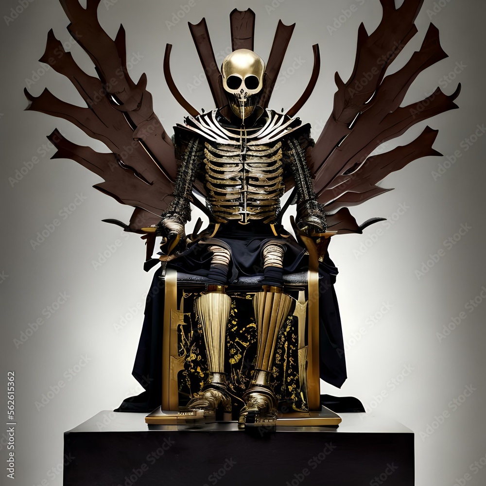 skeleton dressed in armor sitting on a throne, a bronze sculpture ...