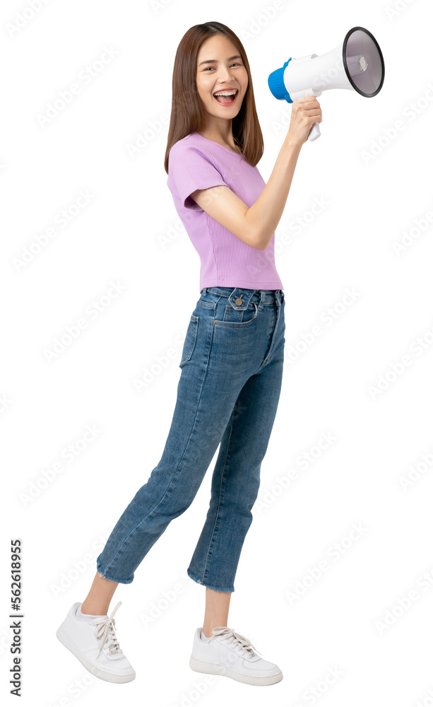 Smile Asian woman holding megaphone with shout something to the ...