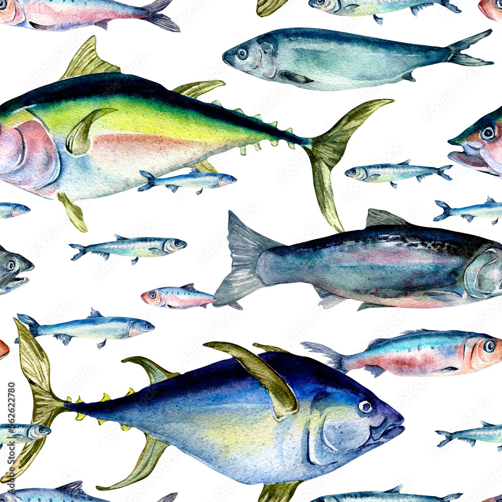 Various wild sea fish seamless pattern watercolor illustration isolated ...