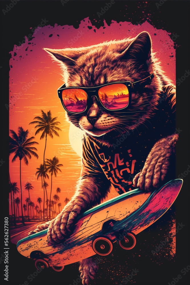 Funky cool cat with skateboard, palm trees and the sea. Hippie poster ...