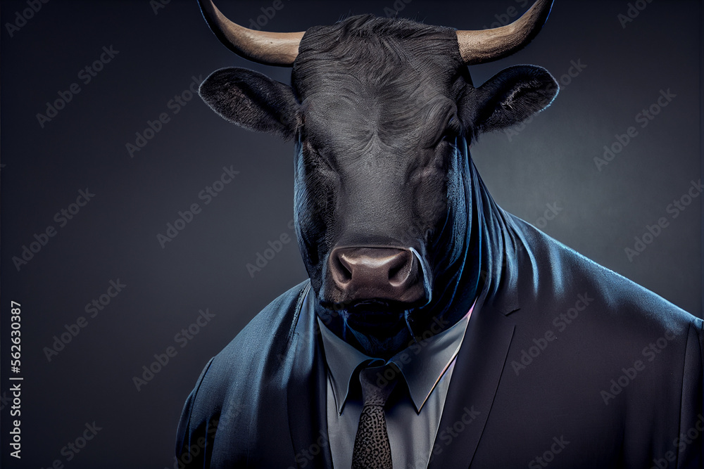 Portrait of a bull wearing a suite on a black background. generative ai ...