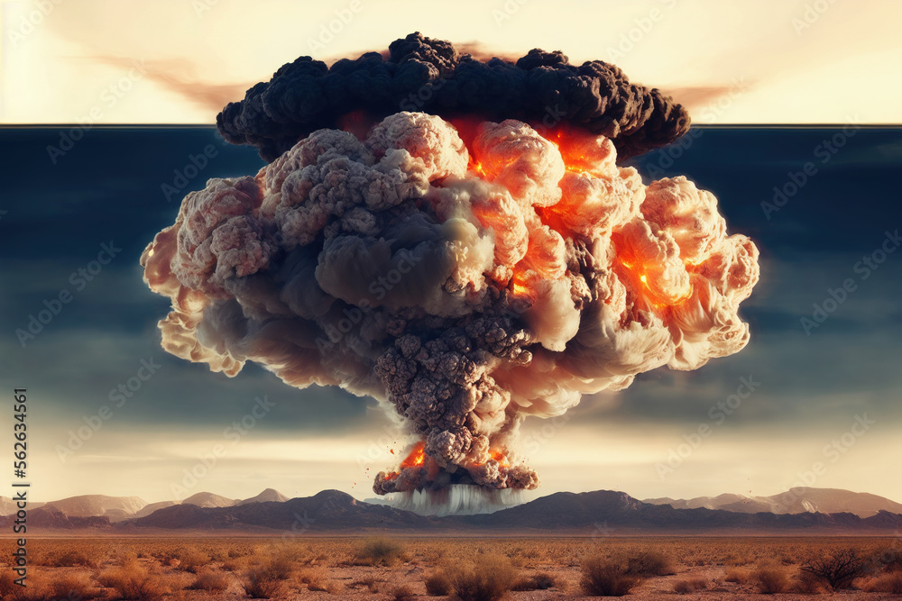 Nuclear explosion and mushroom cloud of an atom bomb in desert Stock ...