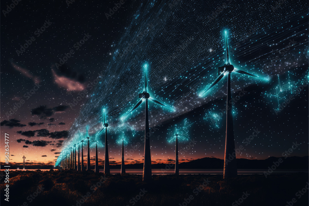 Disruptive Wind turbines futuristic city data driven AI Generative ...