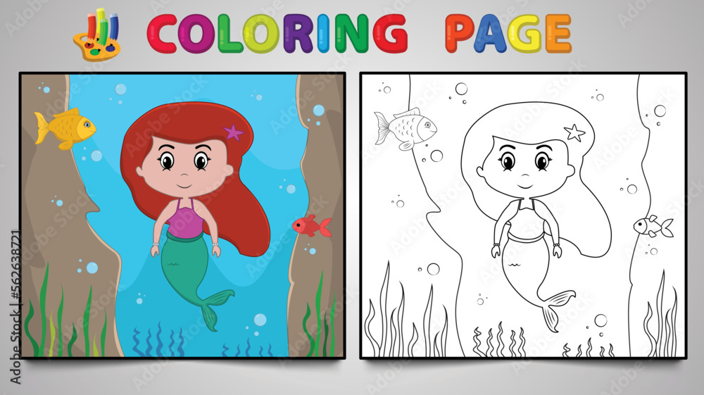 Cartoon mermaid coloring page no: 13 kids activity page with line art ...