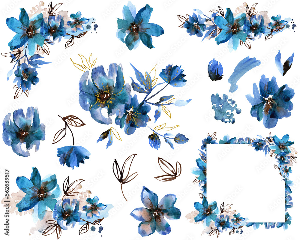 Watercolor flowers clipart. Blue floral set. Elements for design of ...