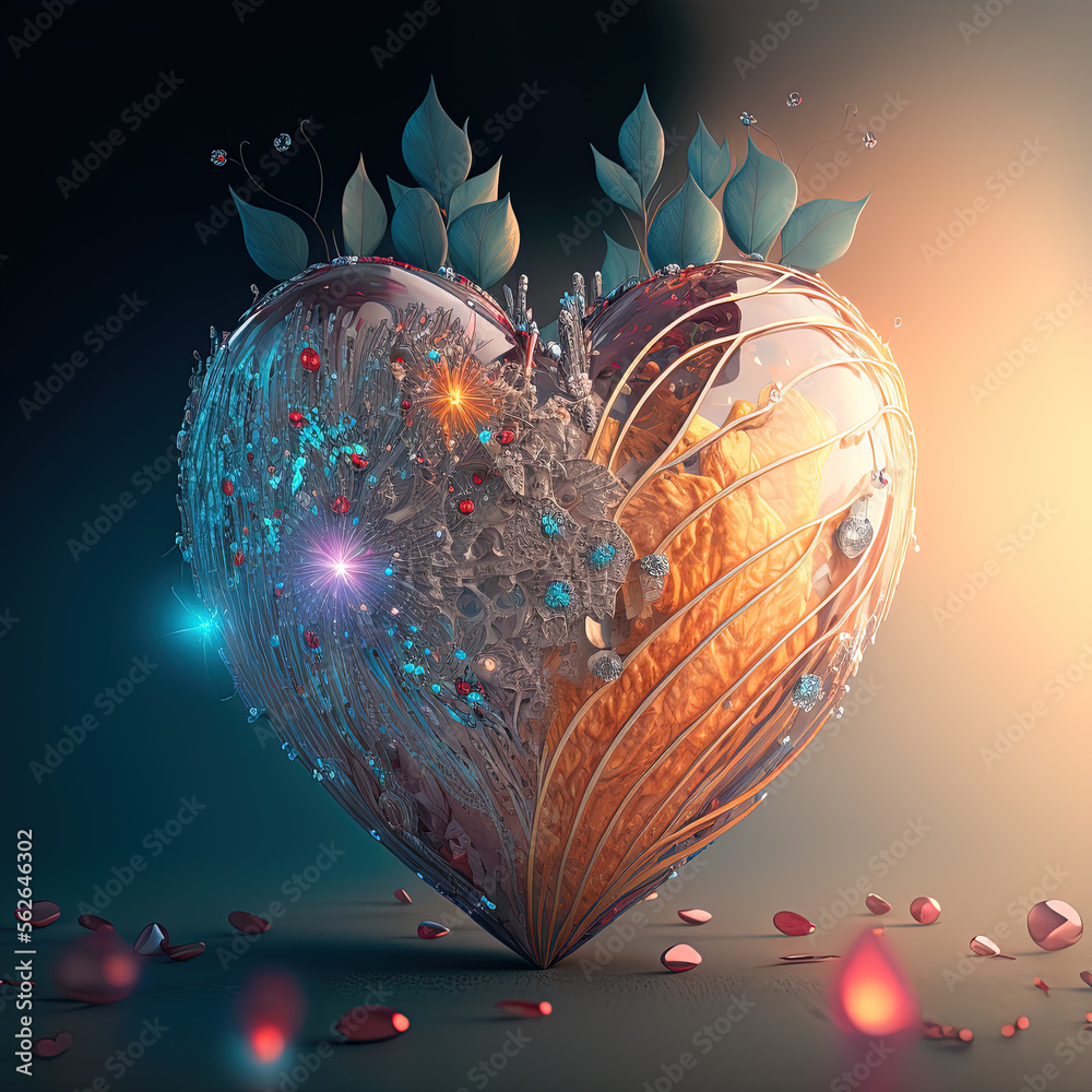 Generative AI, Glass royal heart with precious stones, jewelry, leaves ...