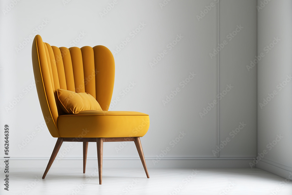 Gold chair in a blank white room with copy space, mid century modern ...