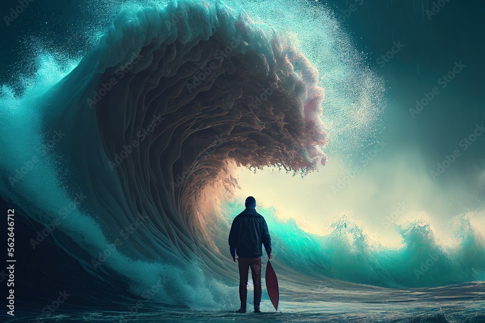 man with an umbrella standing in the midst of a huge wave that is ...