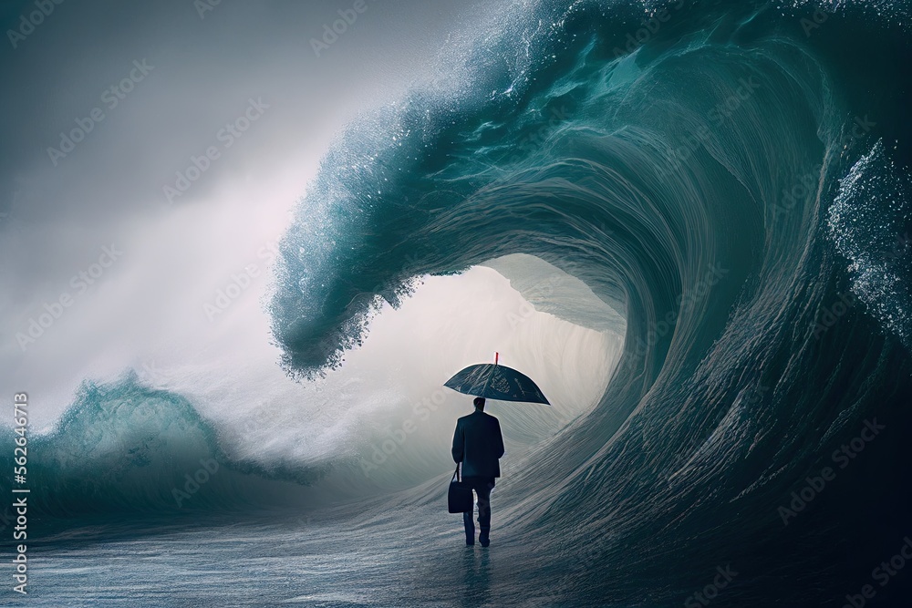 man with an umbrella standing in the midst of a huge wave that is ...