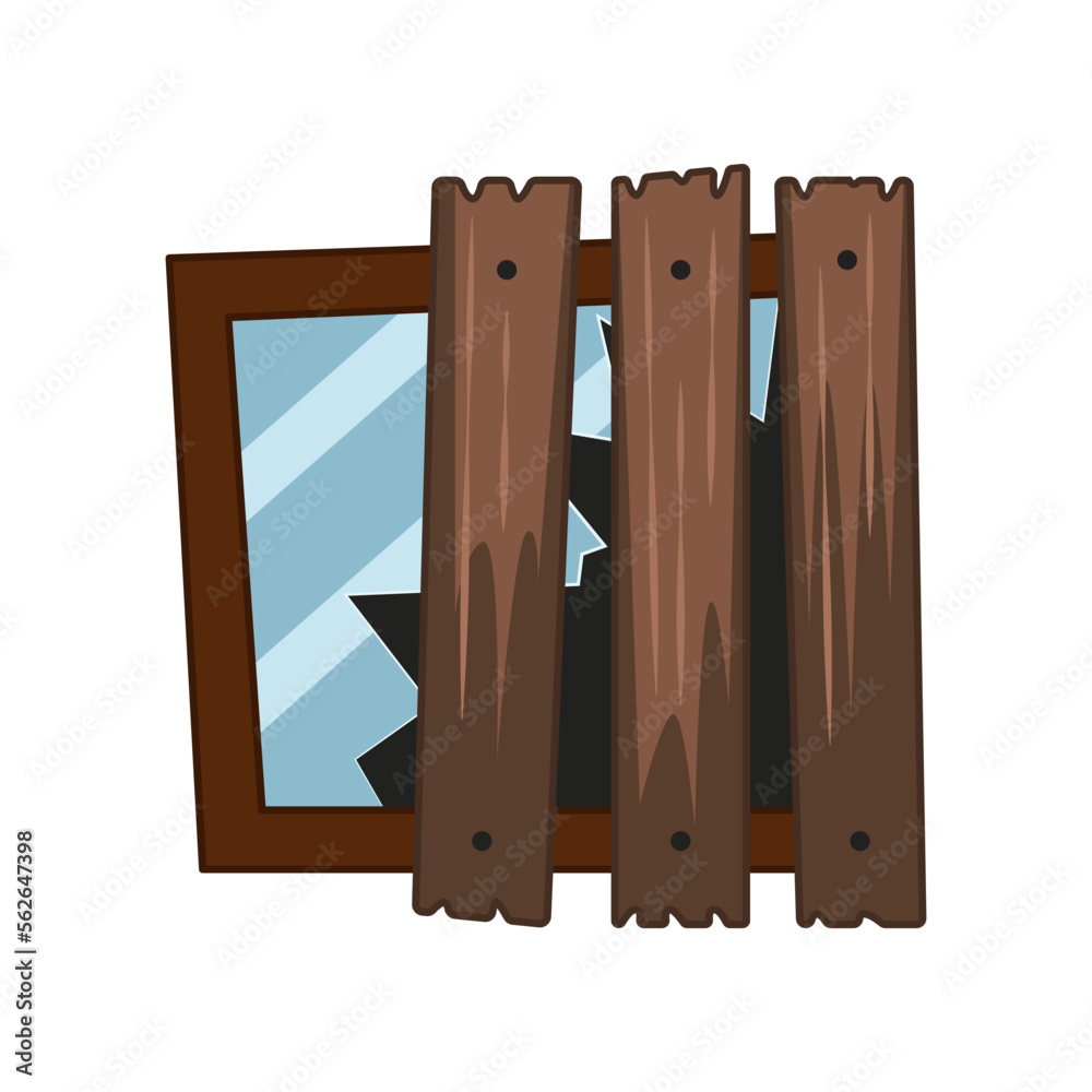 Smashed window closed by wooden boards vector illustration. Cartoon ...