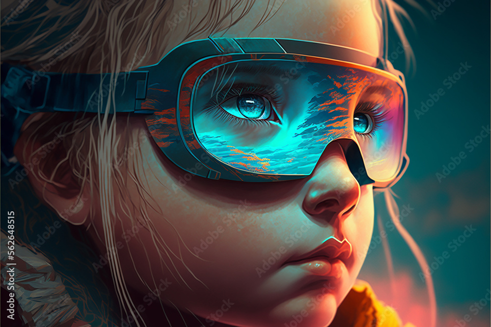 Kids and Metaverse, Child with VR headset in fantasy world, cyber world ...