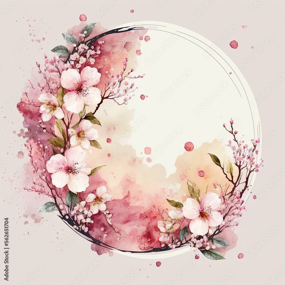 Valentine's Day Frame with Pink Watercolor Flowers. Delightful Circle ...