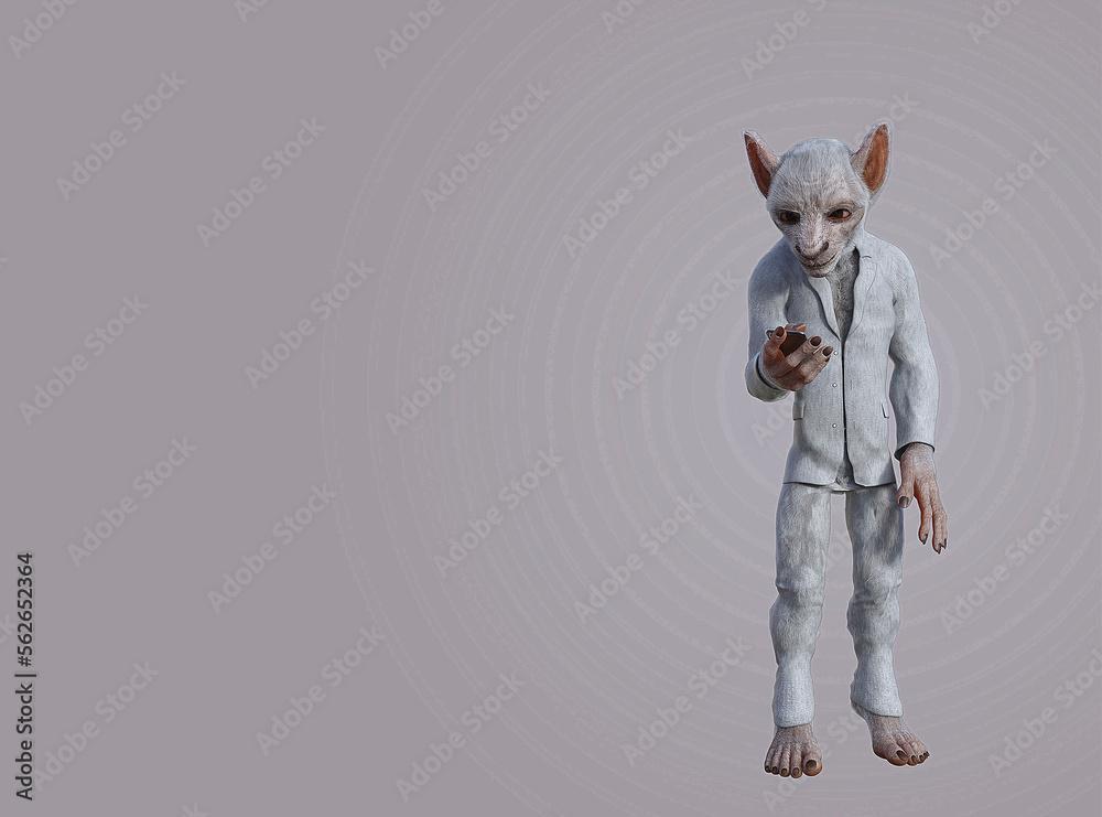 White furry character in a white business suit looking at a cell phone ...