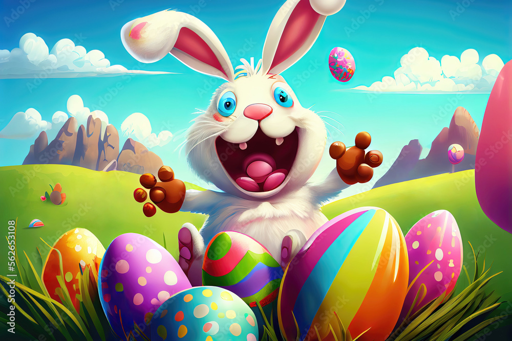 Funny cartoon easter rabbit with colorful easter eggs as easter ...