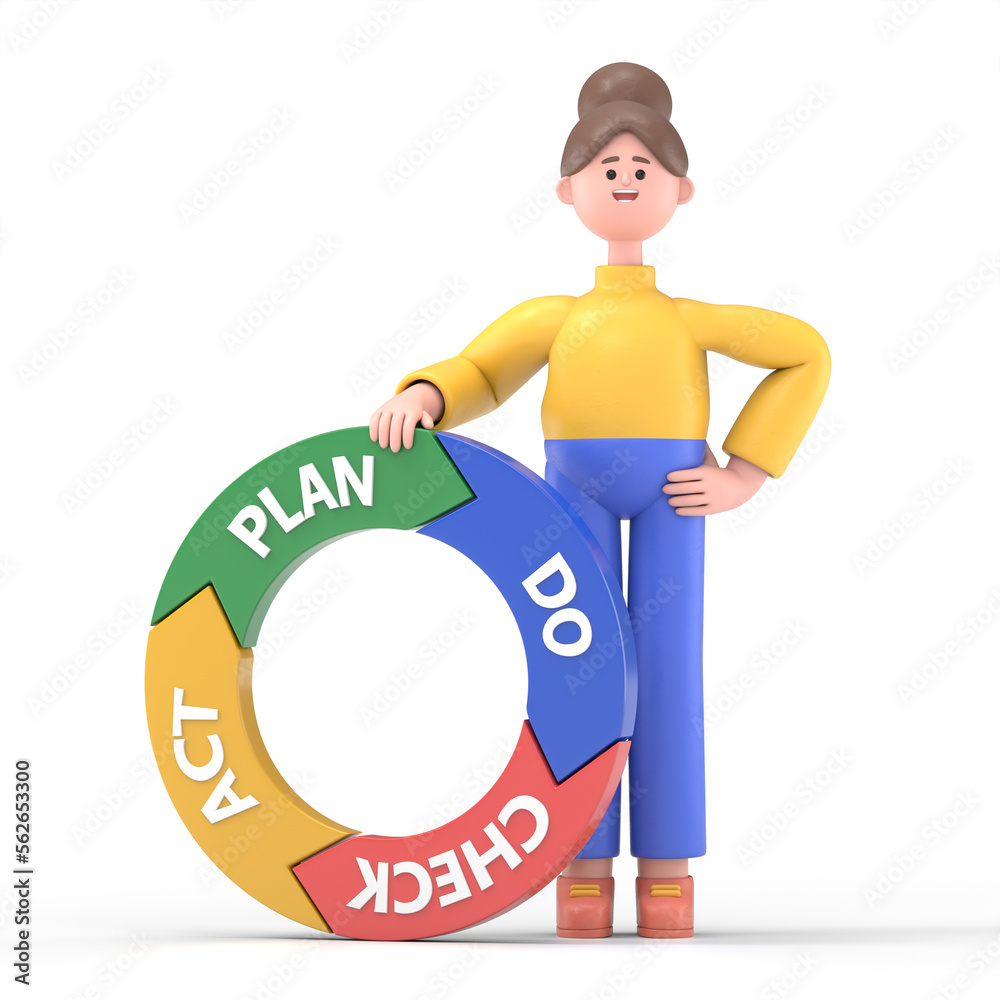 3D illustration of smiling Asian woman Angela plan do check act cycle ...