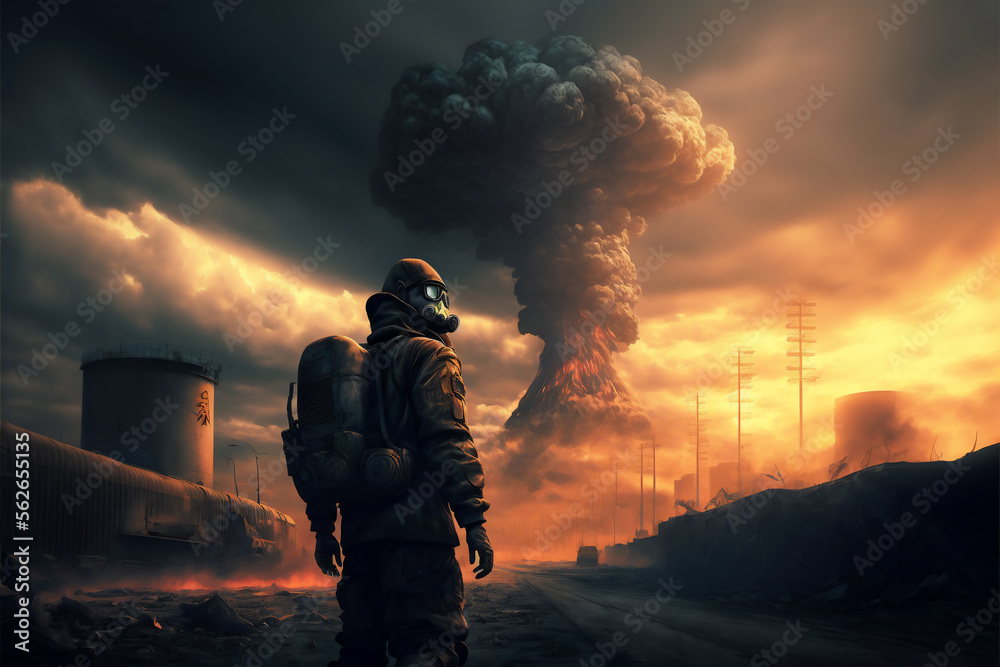 Post-apocalyptic illustration with a survivor in front on a nuclear ...