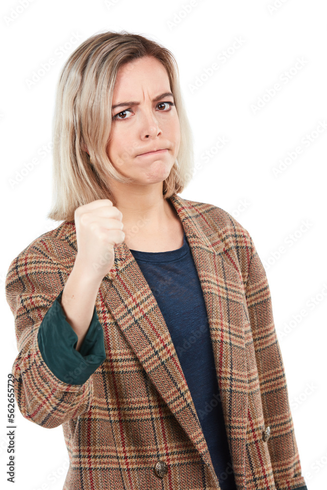 Angry, woman with fist for punch and portrait, fight pose and self ...