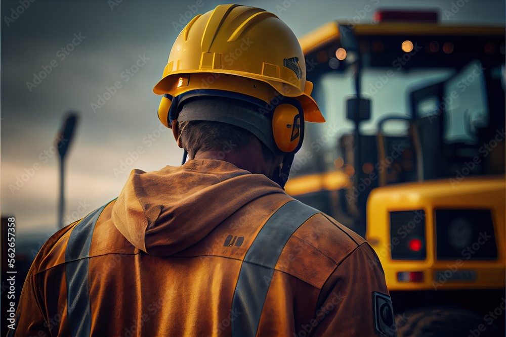 at back of the construction worker head which is wearing the safety ...