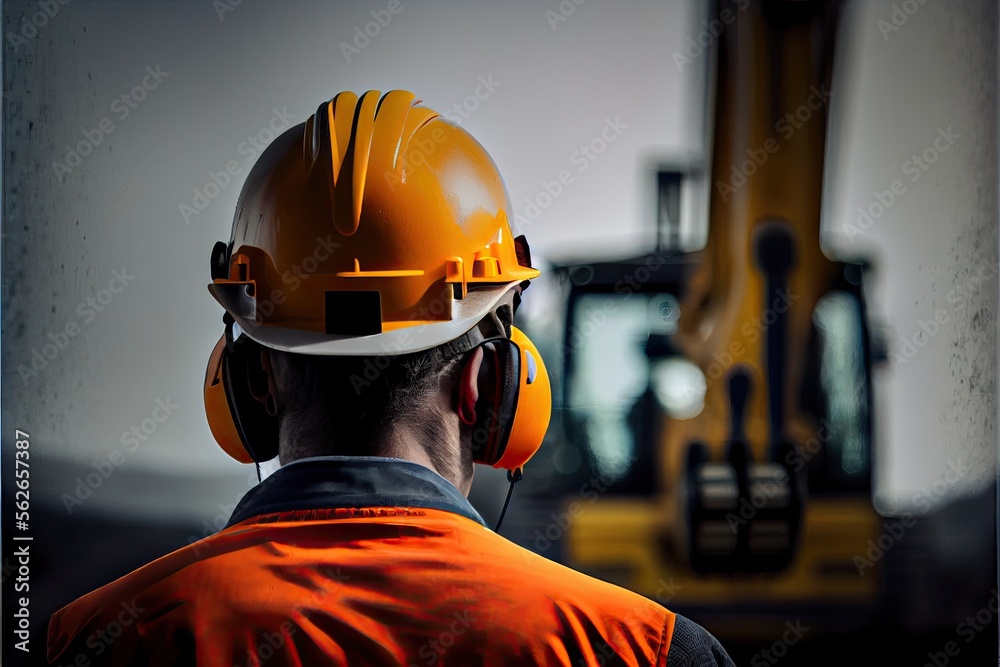 at back of the construction worker head which is wearing the safety ...