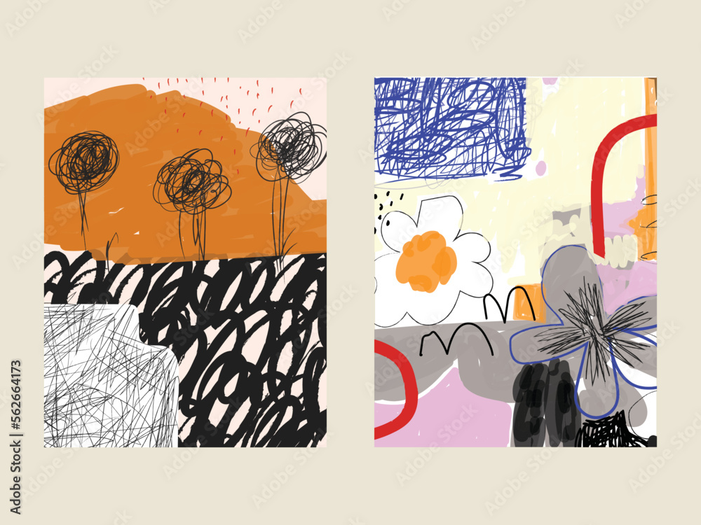 Set of abstract nature hand drawn line art vector illustration ...