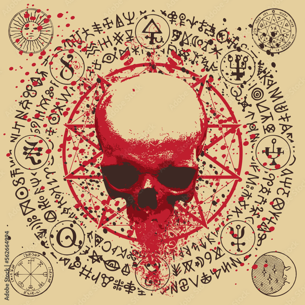 Vector illustration with people skull, pentagram, occult and witchcraft ...