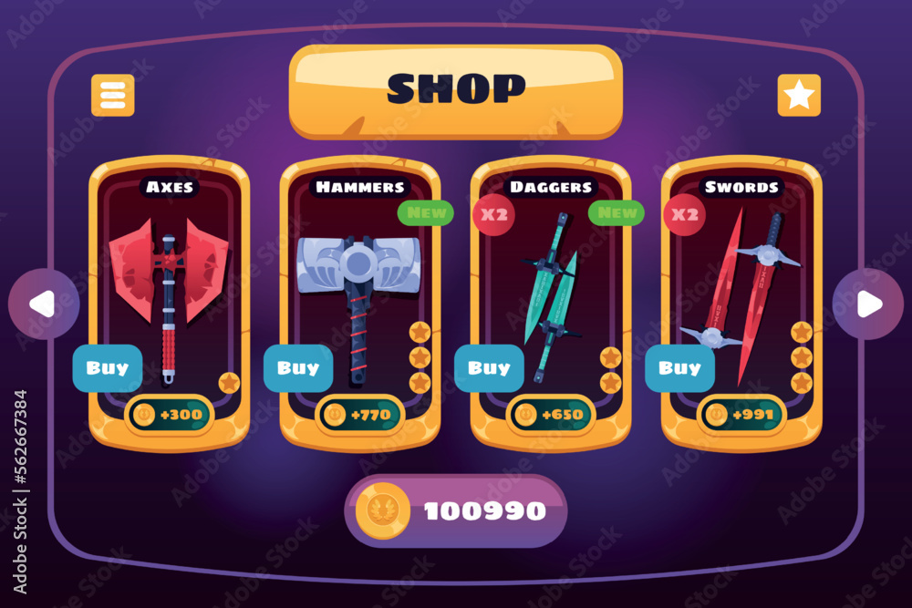 Game weapon shop. Fantasy rpg store menu panel with medieval sword axe ...