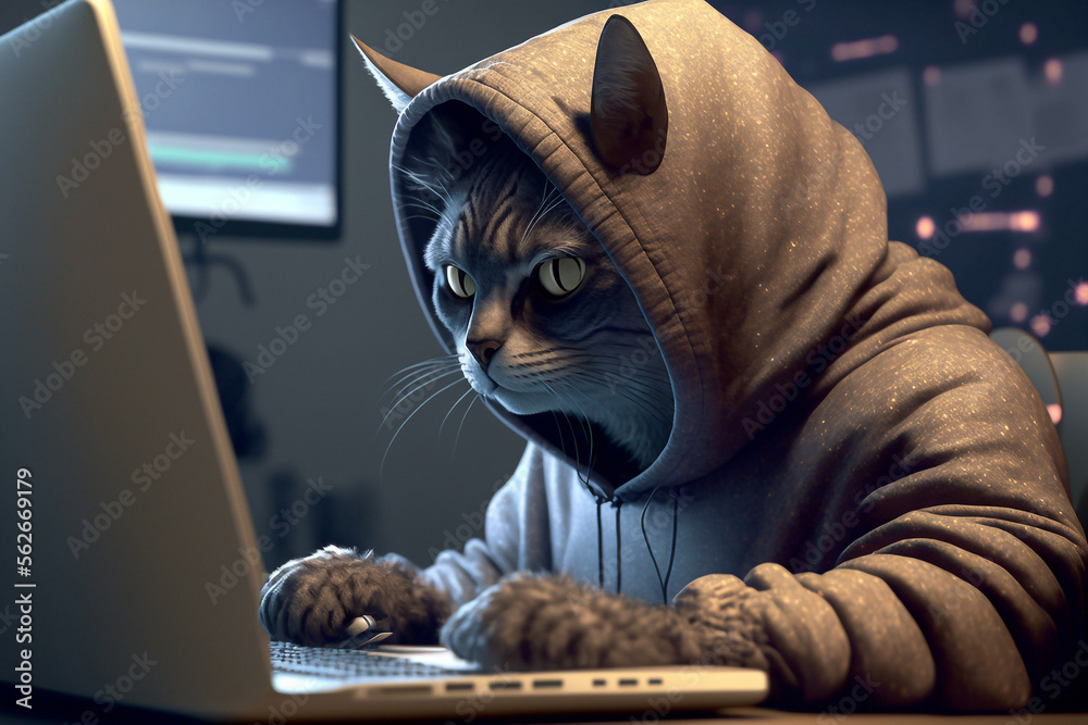 Anthropomorphic cat, hacker, wearing a Hoodie, dim light shining on ...